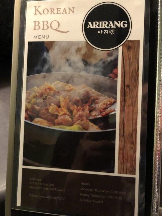 Menu at Arirang Korean BBQ, Medicine Hat