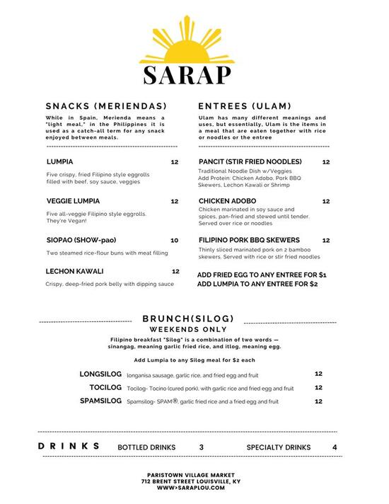 Carta del restaurante Sarap Filipino Eatery, Louisville