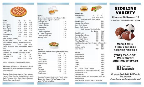 Menu at Sideline Variety pizzeria, Norway