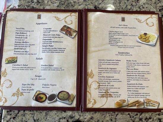 Menu at Carolina's Cuban Cafe, Hudson, US-19
