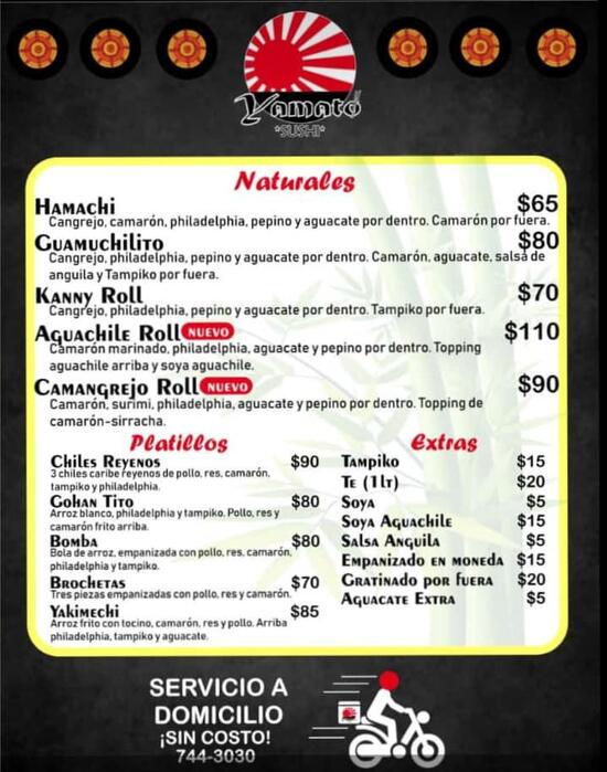 Menu at Yamato Sushi restaurant, Culiacán