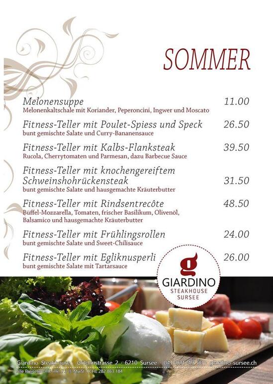 Menu at Giardino Steakhouse, Sursee