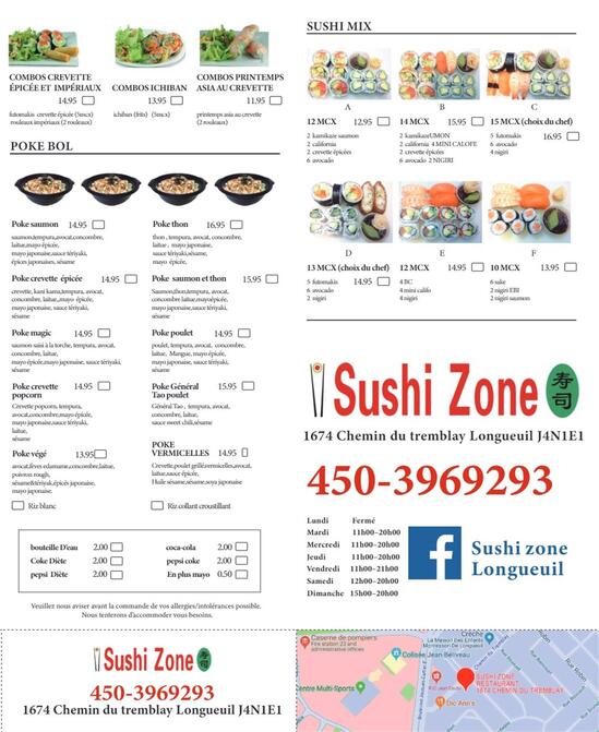 SUSHI ZONE RESTAURANT, Longueuil - Menu du restaurant, prix et avis