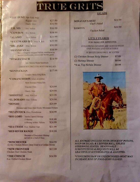 Menu at True Grits Steakhouse, Brush
