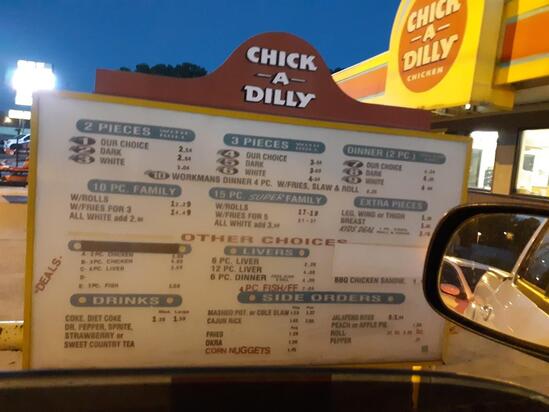 Menu at Chick-A-Dilly fast food, El Dorado, W Hillsboro St