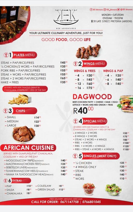 Speisekarte von KEK Restaurants, Soweto