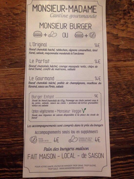 Menu at MONSIEUR MADAME - Burger Gourmand restaurant, Aix-les-Bains