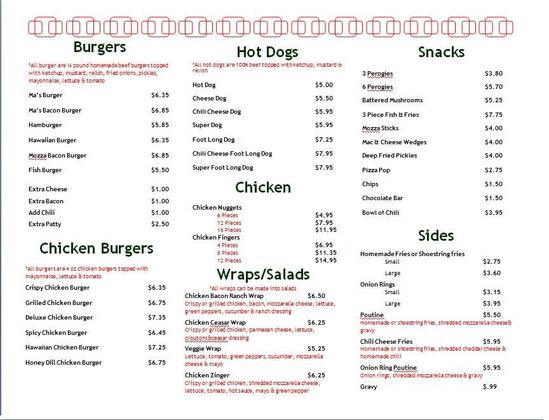 Menu at Ma's Drive-in restaurant, Canada