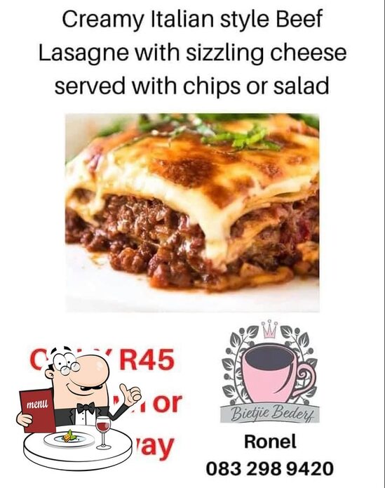 Menu at Bietjie Bederf restaurant, Bloemfontein