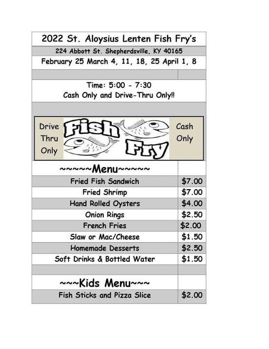 Menu at St. Aloysius Fish Fry, Shepherdsville
