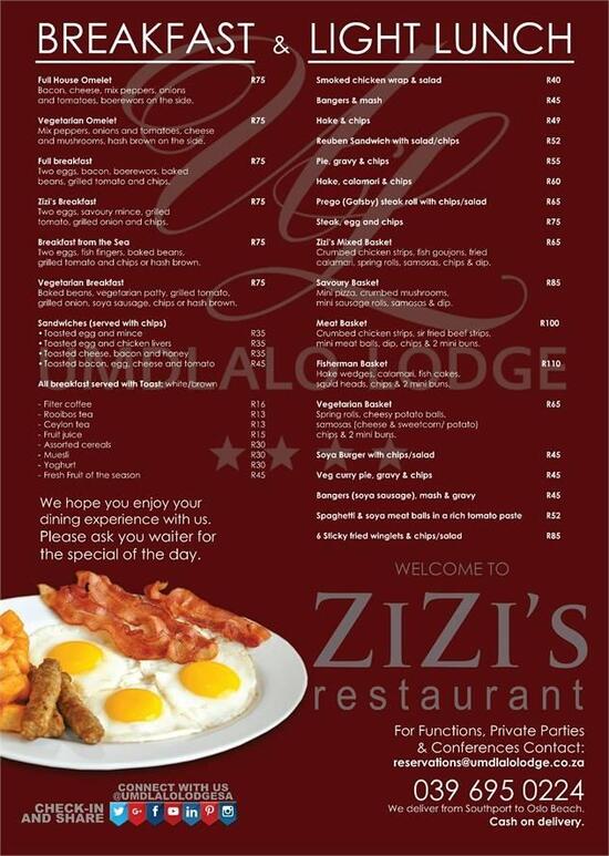 Menu at Zizi's Restaurant, Port Shepstone, Hibiscus Coast