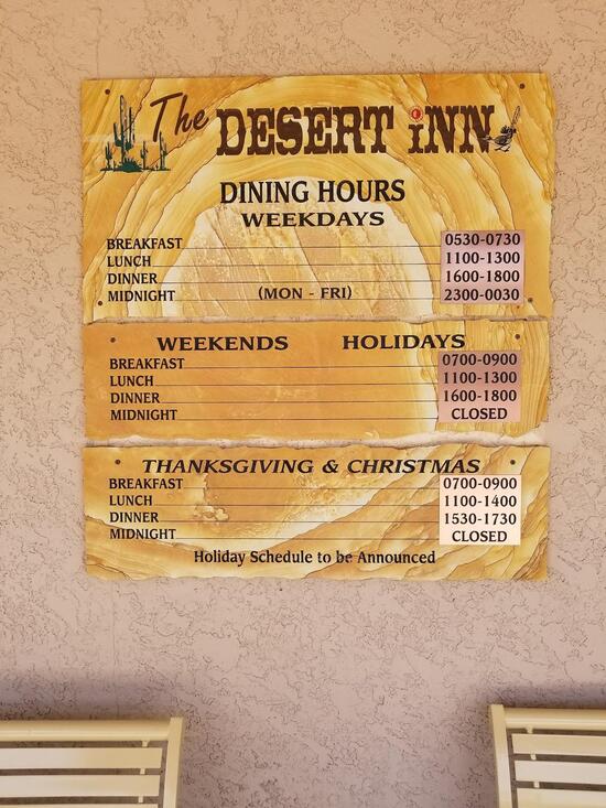 Menu at Desert Inn Dining Facility cafeteria, Tucson