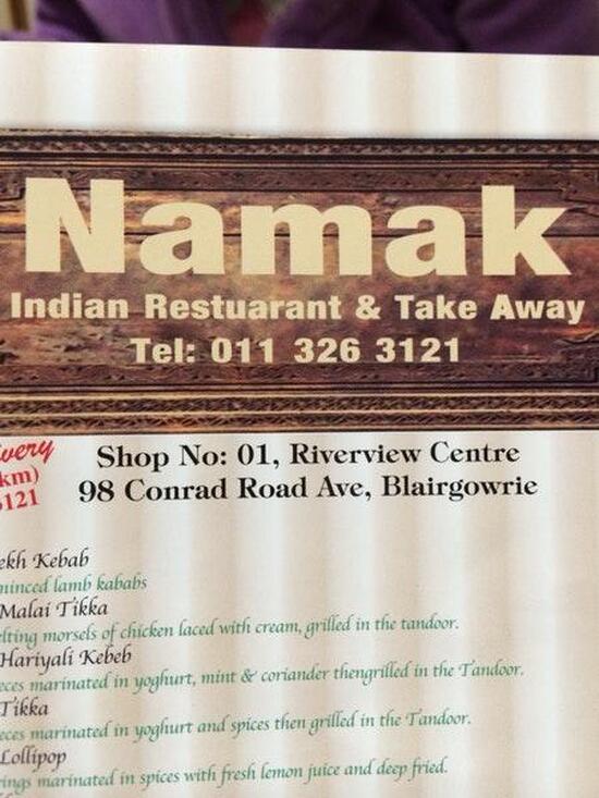 Menu at Namak restaurant, Johannesburg