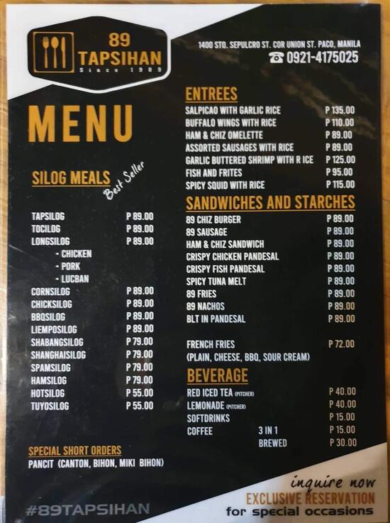 Menu at 89 Tapsihan restaurant, Manila