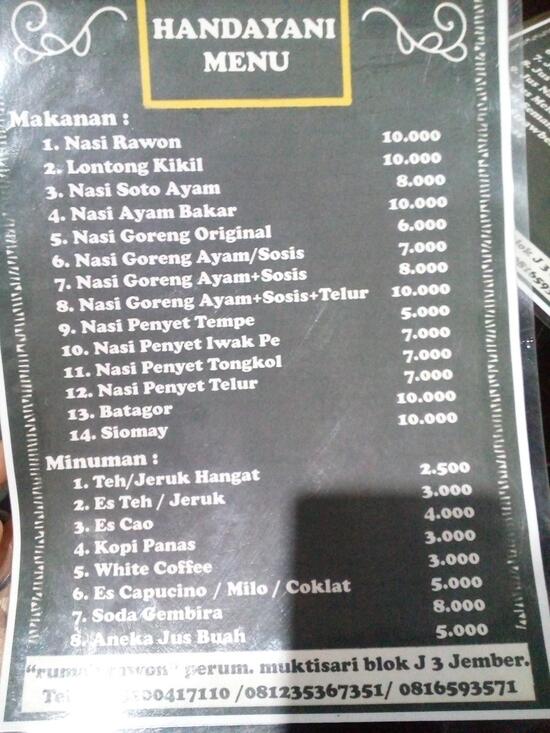 Menu at Handayani Pujasera Kalimantan restaurant, Jember