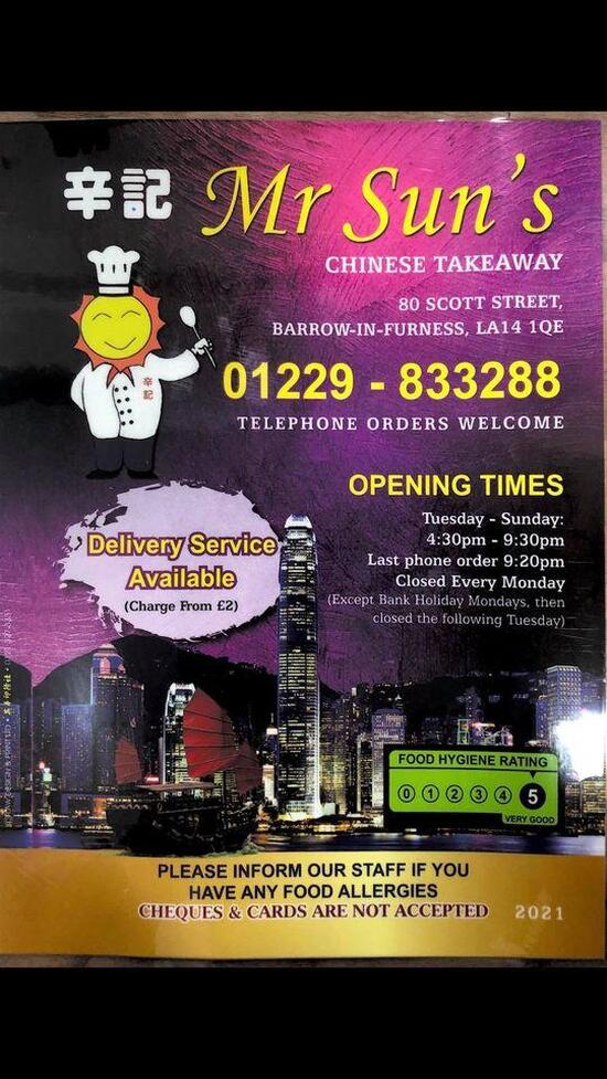 Menu at Mr Sun's Chinese Takeaway restaurant, Barrow-in-Furness