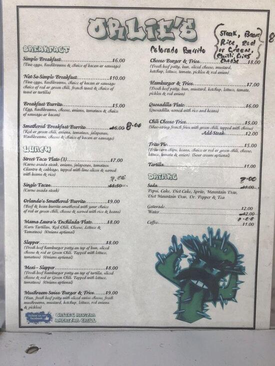 Menu at Orlie's Grill cafe, Alamosa