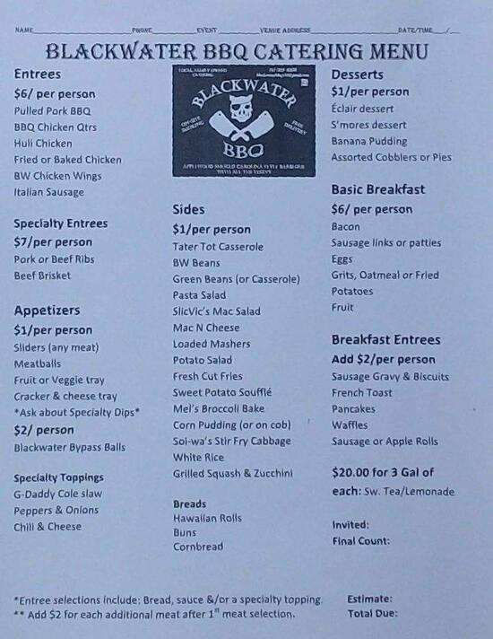 Menu at Blackwater BBQ, Virginia Beach