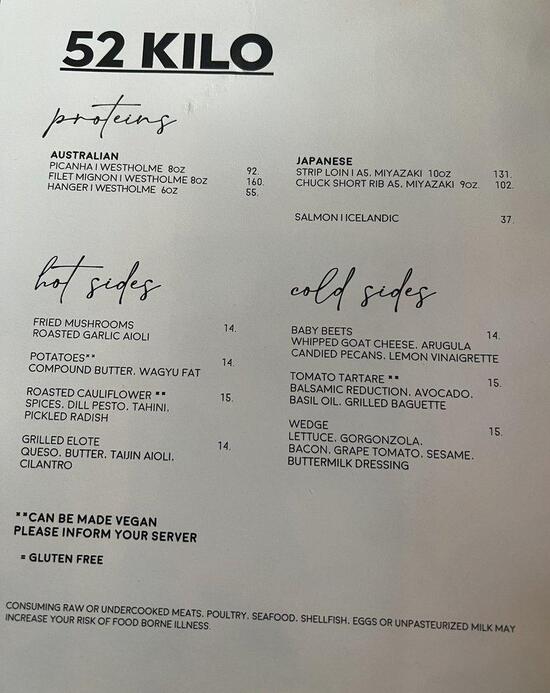 Menu at 52 Kilo restaurant, Rogers