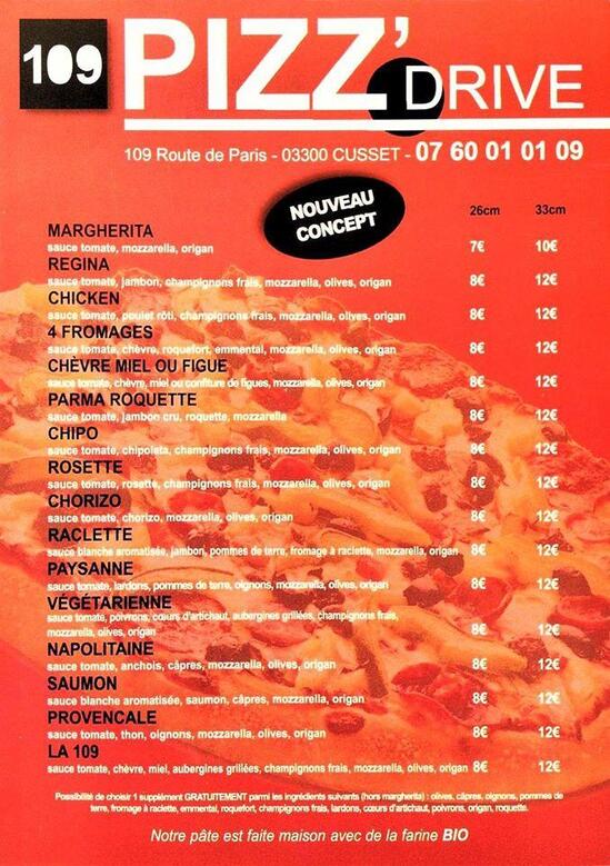 Menu at PIZZ DRIVE pizzeria, Cusset