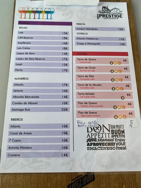 Carta del restaurante O Prestige, Finisterre