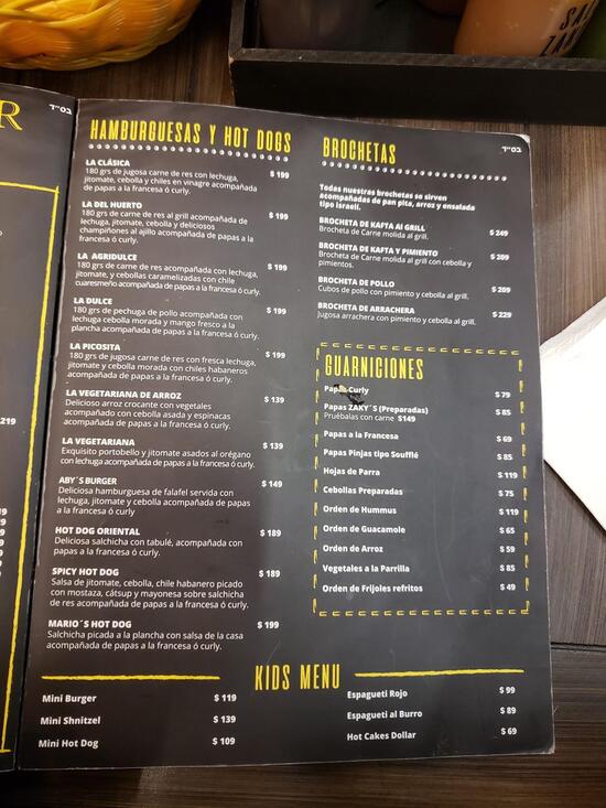 Menu at Zakys Grill House restaurant, Ciudad López Mateos