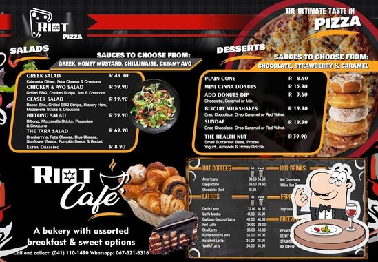 Menu at Riot Pizza manufacturing restaurant, Port Elizabeth