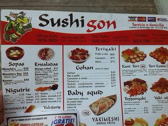 Menu at Sushi Gon restaurant, Mexico City, Javier Sorondo 281 Col ...