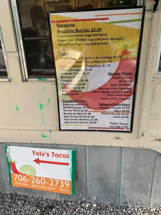 Menu at Yoly’s Tacos restaurant, Dalton