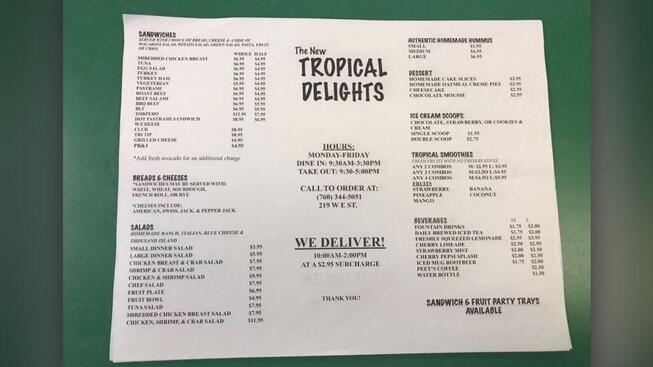 Menu at Tropical Delights desserts, Brawley