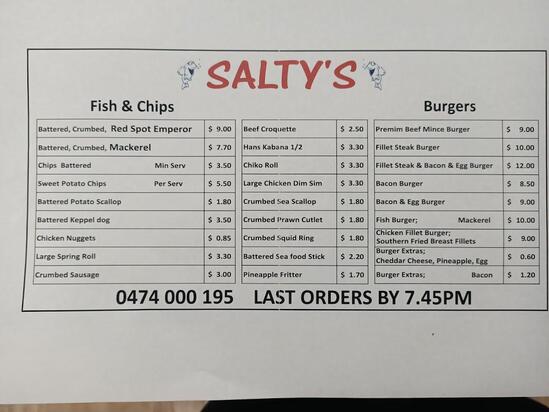 Menu at Salty's Fish And Chips restaurant, Rockhampton City