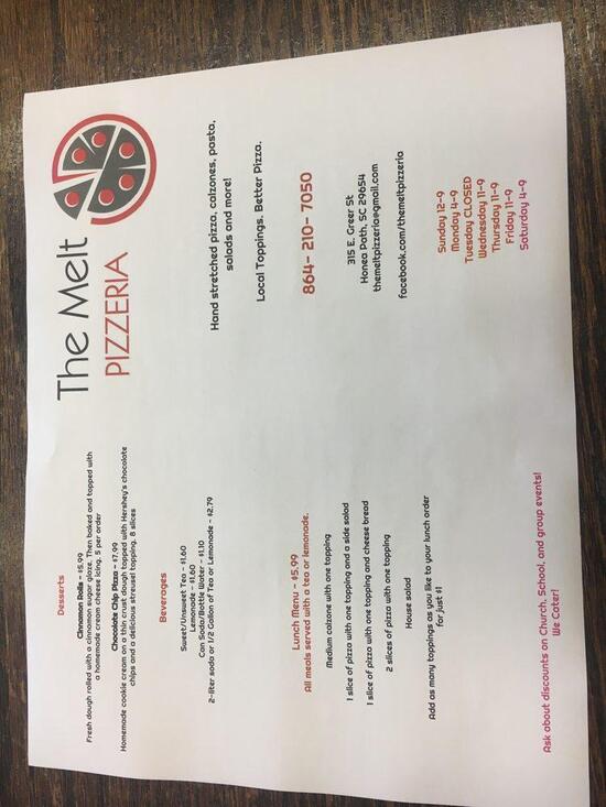 Menu at The Melt Pizzeria, Honea Path