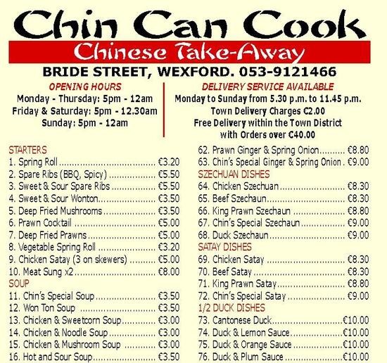Menu at Chin Can Cook fast food, Wexford