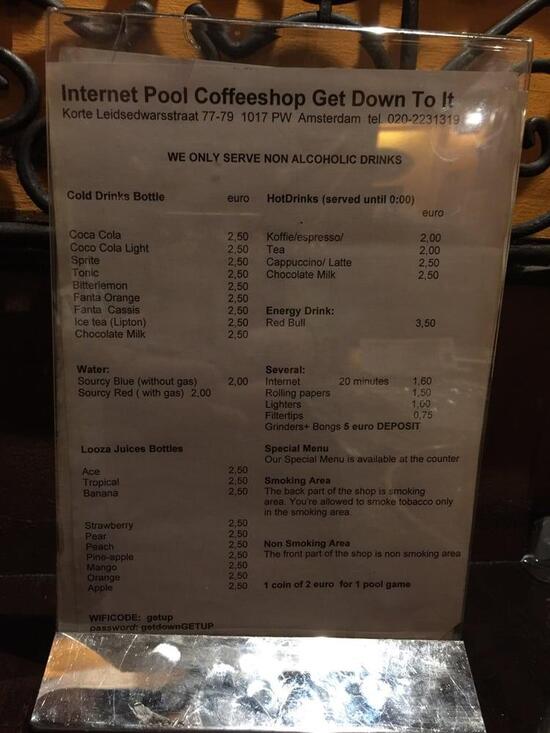 Speisekarte von Coffeeshop Pool, Amsterdam, Korte Leidsedwarsstraat 77