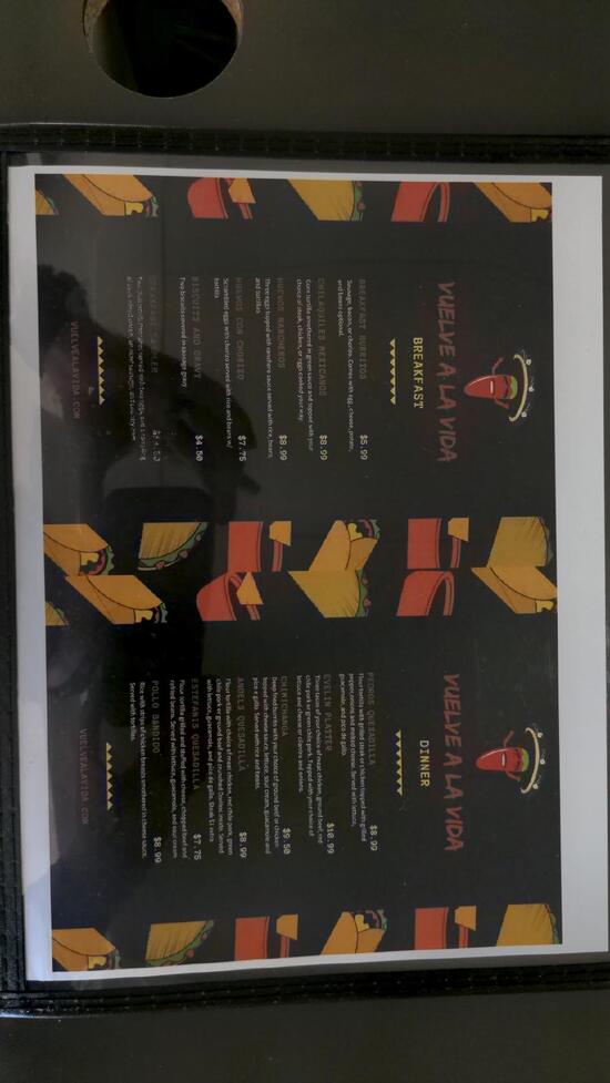 Menu at Vuelve A La Vida restaurant, Topeka