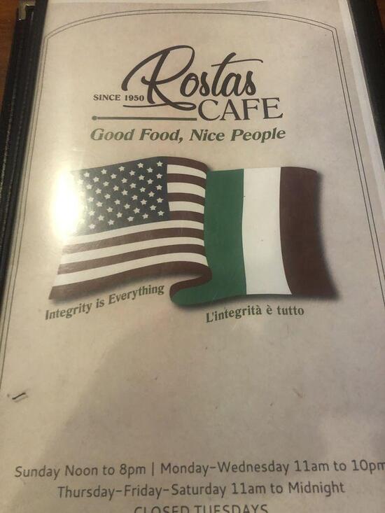 Menu at Rostas Cafe, Hazleton