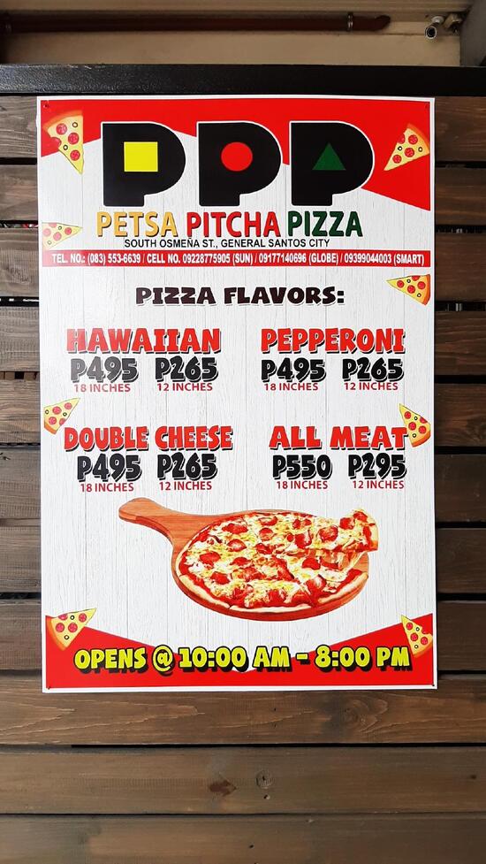 Menu at Petsa Pitcha Pizza pizzeria, General Santos City
