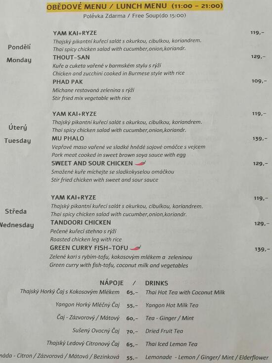 Menu at Yangon Burmese Restaurant, Prague