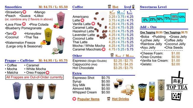 Menu at TOP TEA + ESPRESSO LILIHA pub & bar, Honolulu, Liliha St Ste #10