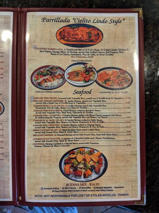 Menu at Cielito Lindo restaurant, Tomball, Alma St A