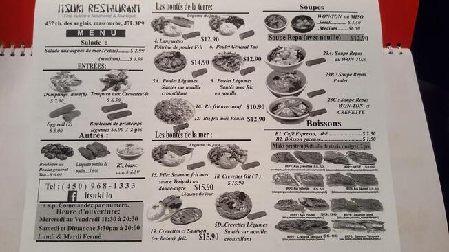 Menu at Itsuki restaurant, Mascouche