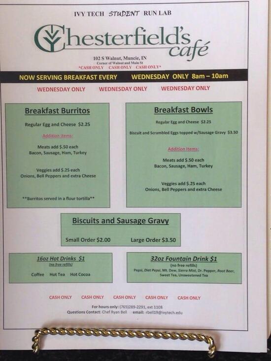 Menu at Chesterfield's cafe, Muncie