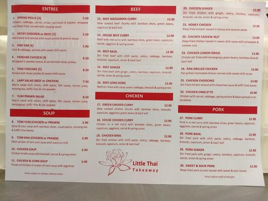 Menu at Little Thai Takeaway restaurant, Findon