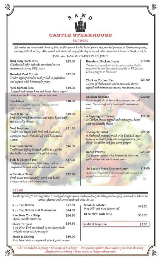 Menu at Sand Castle Steakhouse, Sylvan Lake