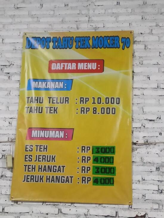 Menu at Tahu Tek Moker 70 restaurant, Madiun