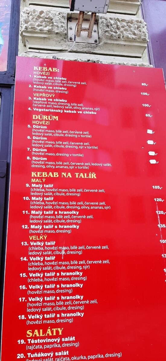 Menu at Memo Kebab restaurant, Czech Republic