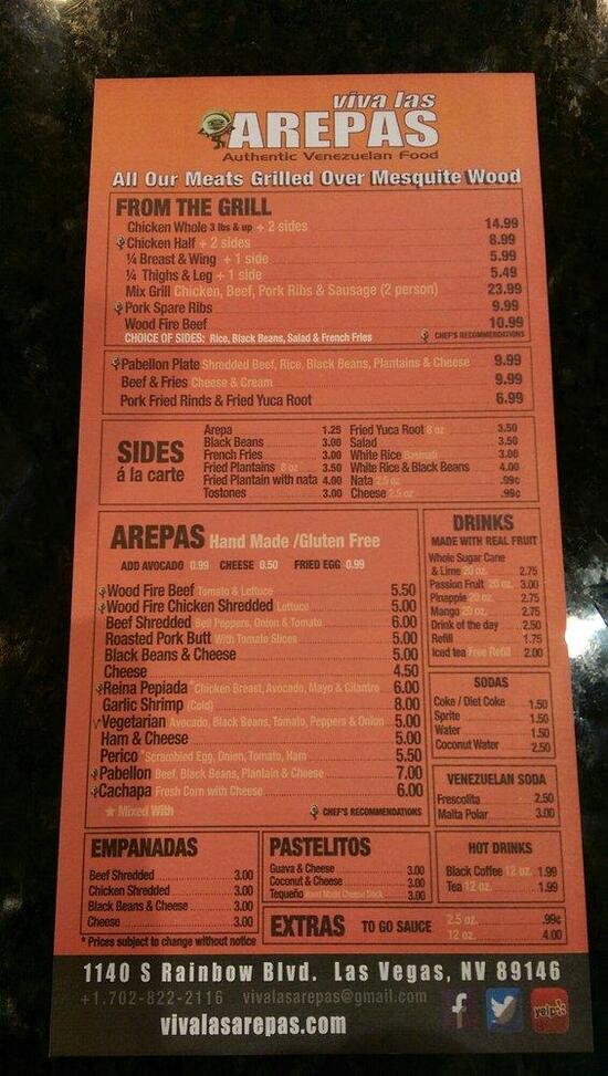 Menu at Tony's Arepas Authentic Venezuelan food restaurant, Las Vegas ...