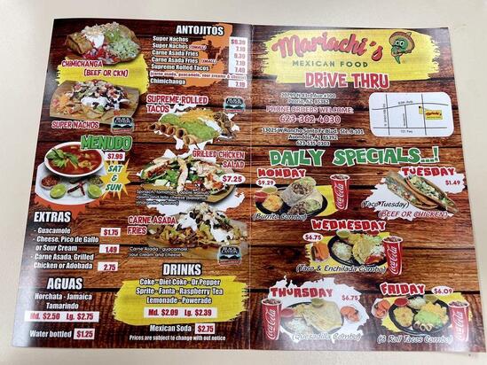 Menu at Mariachi's Mexican Food restaurant, Peoria