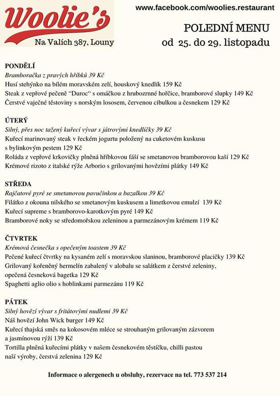 Menu at Woolie’s restaurant, Louny
