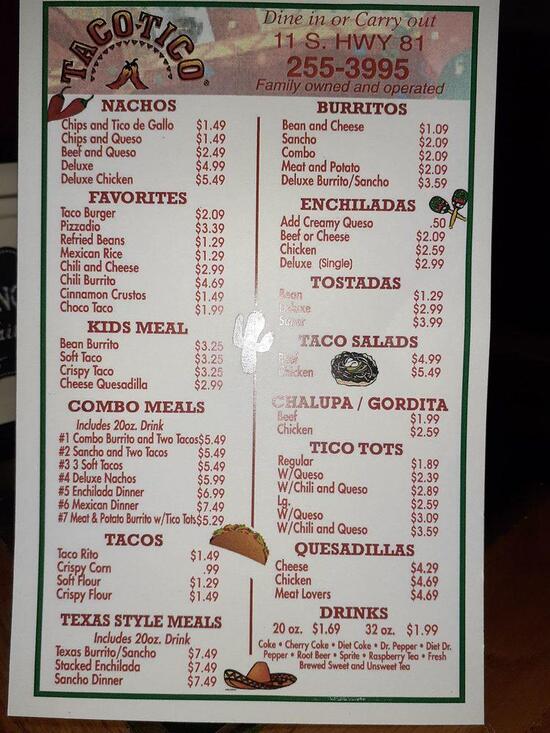 Menu at Taco Tico restaurant, Duncan, 11 US-81